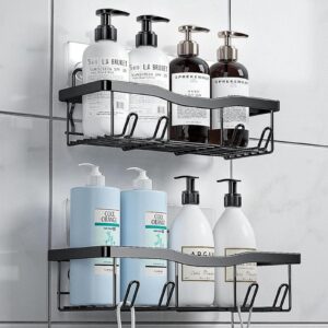 kikirico shower caddy 2 pack, adhesive shower organizer rack, no drilling stainless steel shower shelves, rustproof wall shelf for inside shower, bathroom storage and home decor accessories, black