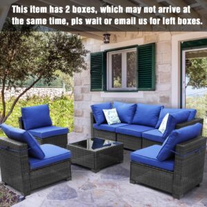 Peacabo 7 Pieces Outdoor Rattan Wicker Patio Conversation Set with Coffee Table, Armless Sofa, and Corner Sofa, Cushions Included, Outdoor Sectional Patio Furniture Set, Coffee/Blue