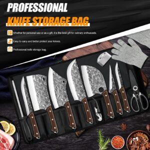 MDHAND Butcher Knife Set, 14 PCS Chef Knife Set with Bag, Hand Forged Kitchen Knife Set Meat Cleaver Boning Knife Viking Knife for Kitchen Camping Outdoor BBQ