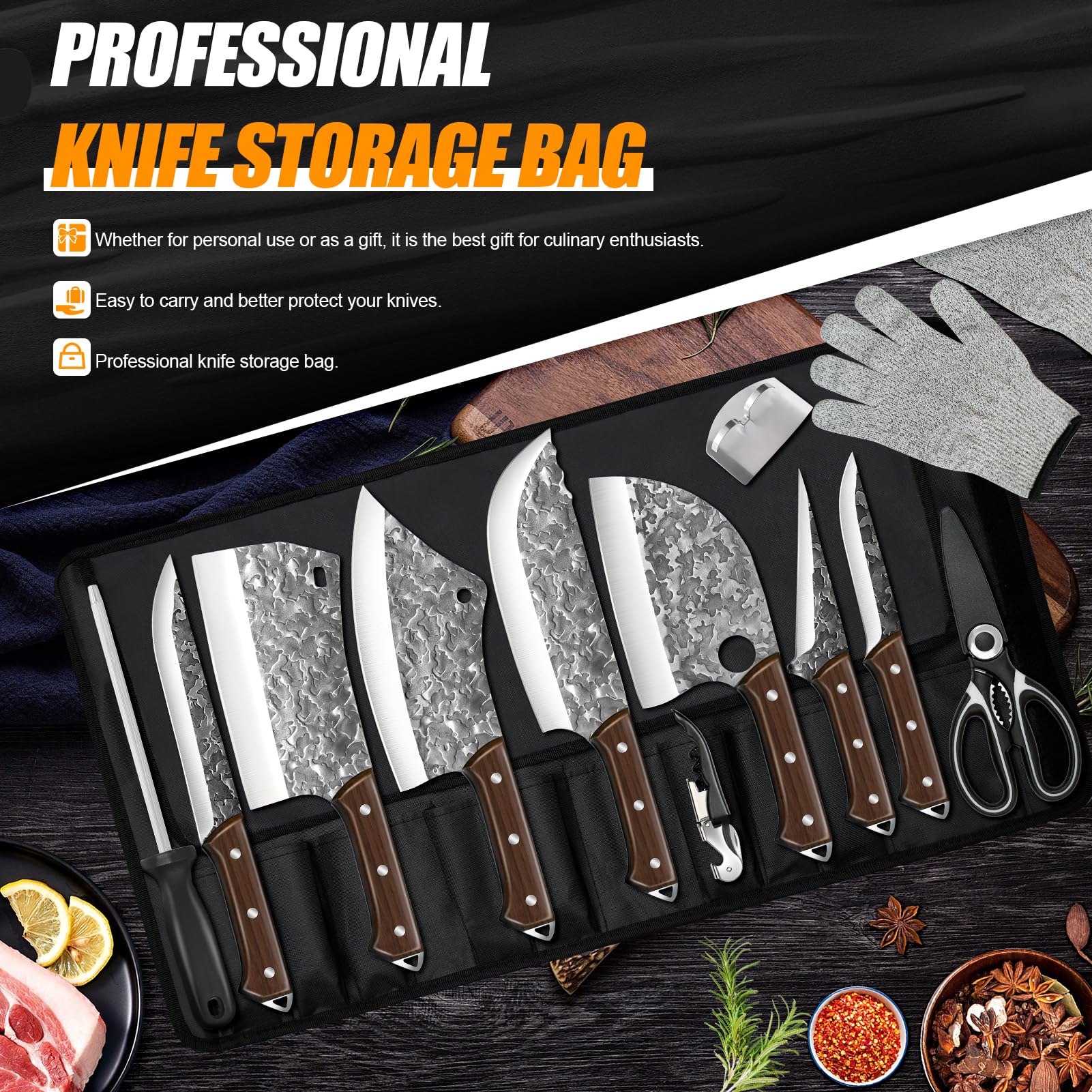 MDHAND Butcher Knife Set, 14 PCS Chef Knife Set with Bag, Hand Forged Kitchen Knife Set Meat Cleaver Boning Knife Viking Knife for Kitchen Camping Outdoor BBQ