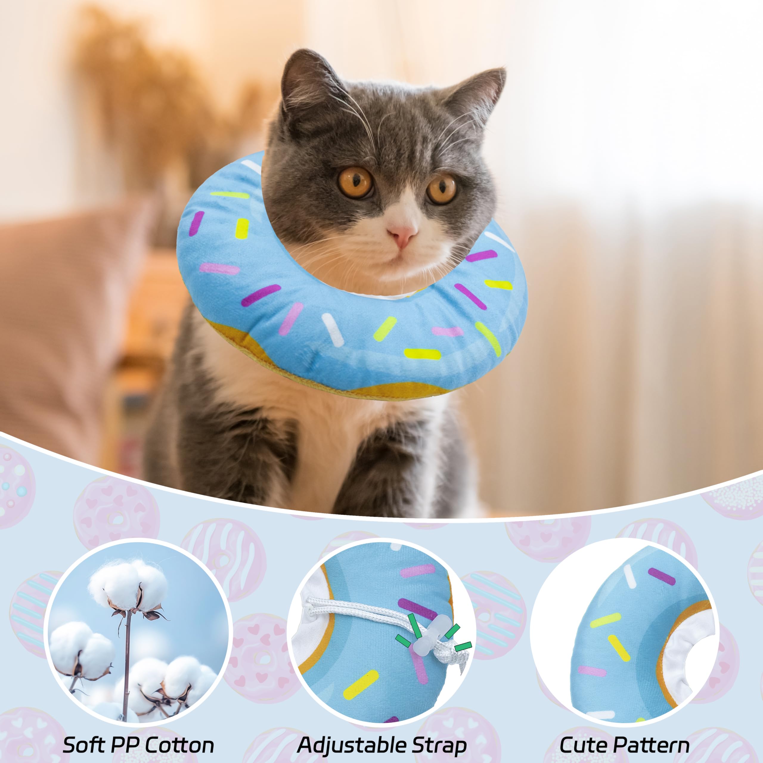 Seyezo Cat Cone Soft Collar, Adjustable Cat Recovery Collar for Small Medium Large Cats, Cute Donut E Collar After Surgery, Anti-Lick Wound Healing Elizabethan Collar for Kittens(Donut Blue, Small)