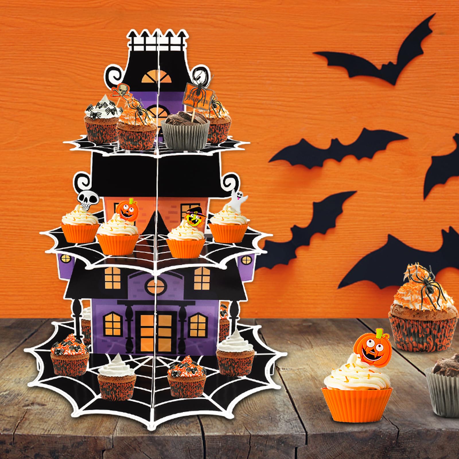 ABTOLS Halloween Cupcake Stand, 3-Tier Castle Cupcake Stand Tower, Black Purple Halloween Cardboard Dessert Holder, Durable Cupcake Tower for Halloween Decoration Birthday Party Supplies