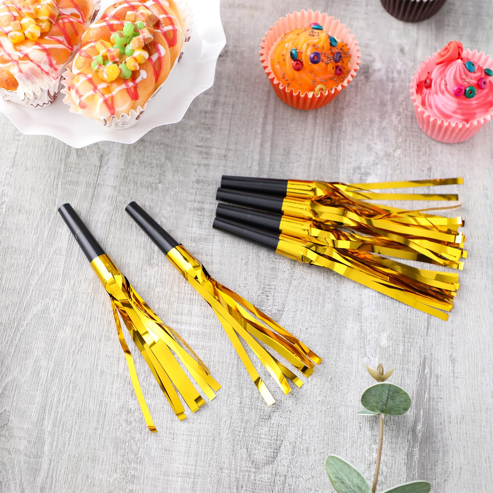 Party Blowers Noisemakers, 24 Pcs Gold Metallic Fringed Noise Maker Glitter Party Blowers for Adult Birthday Wedding Halloween Christmas Graduation New Year Party Sporting Events Supplies