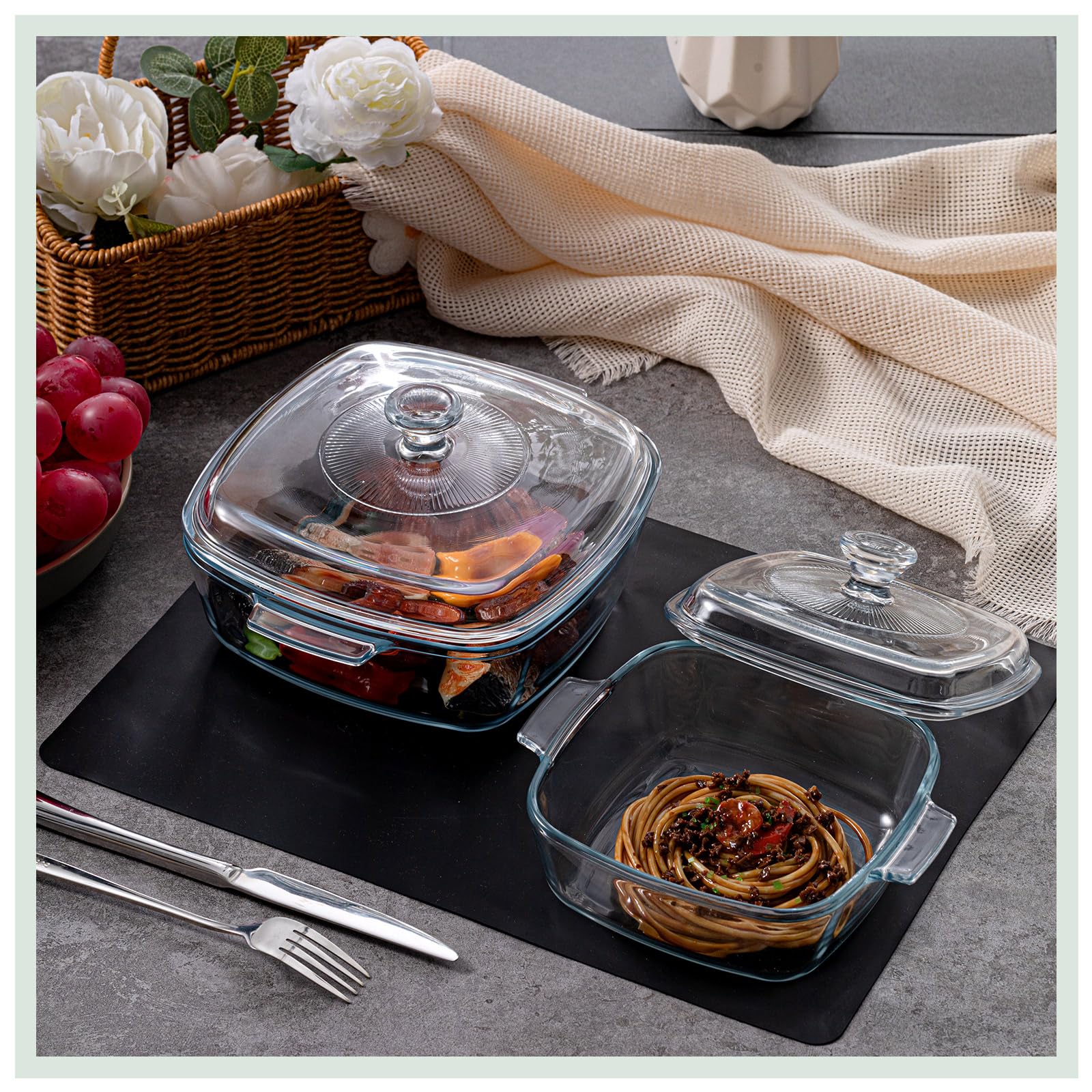 Teenyyou 5 Pcs Square Glass Casserole Dish with Lid Oven Safe Baking Glass Dish with Lid, Covered Casserole Dishes for Oven, Glass Bowl Oven 1.5 L/ 0.8 L Casserole Dish with Lid