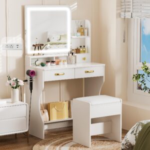 alohappy vanity desk with led lighted mirror and charging station, makeup vanity table set with 3 drawers & storage shelves & stool, 3 lighting modes adjustable brightness, for bedroom dressing room