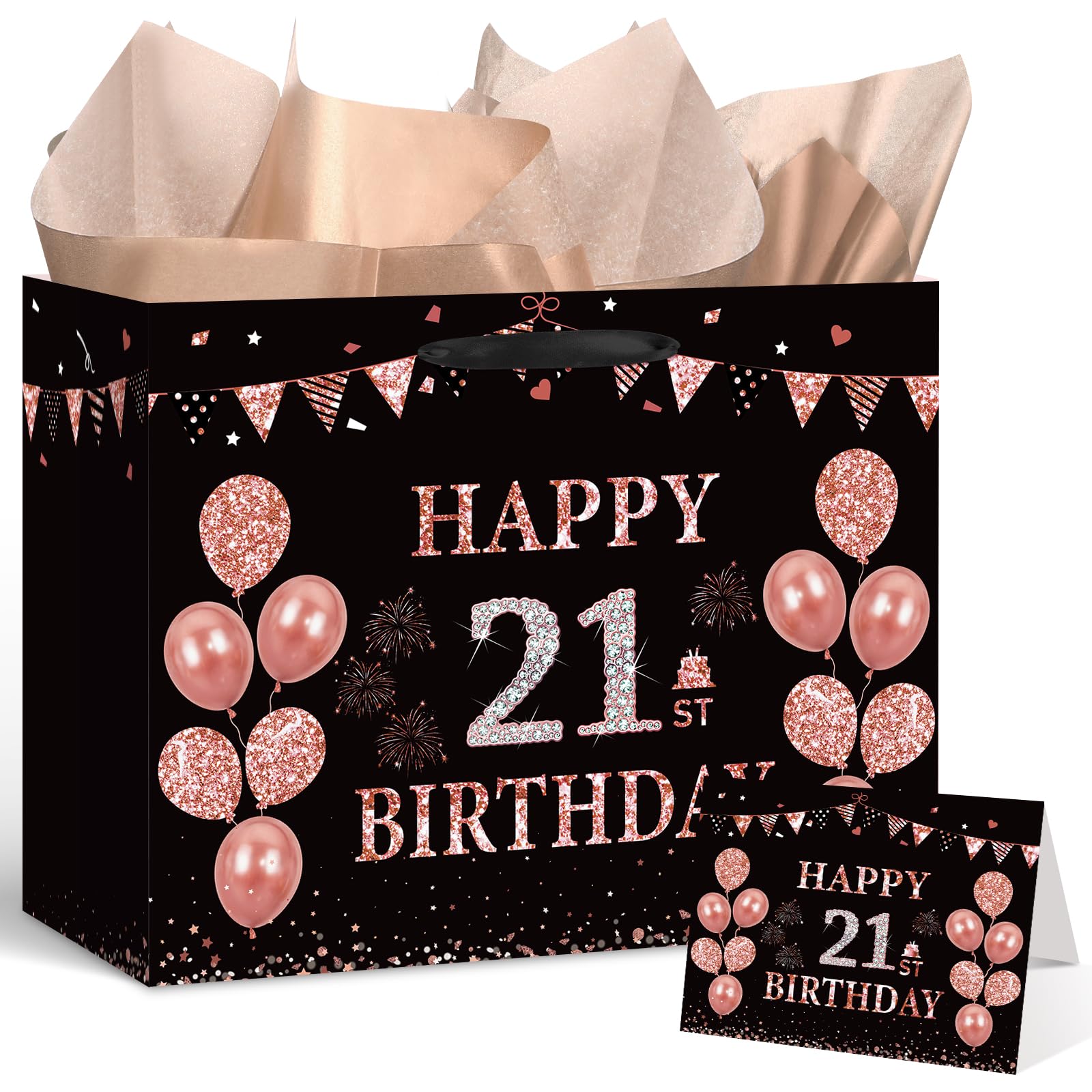 Black Rose Gold 21st Birthday Gift Bag with Happy 21st Birthday Greeting Card and Tissue Paper for Girls Rose Gold 21st Birthday Gift Wrap Bag for 21st Birthday Christmas Party Decorations Supplies