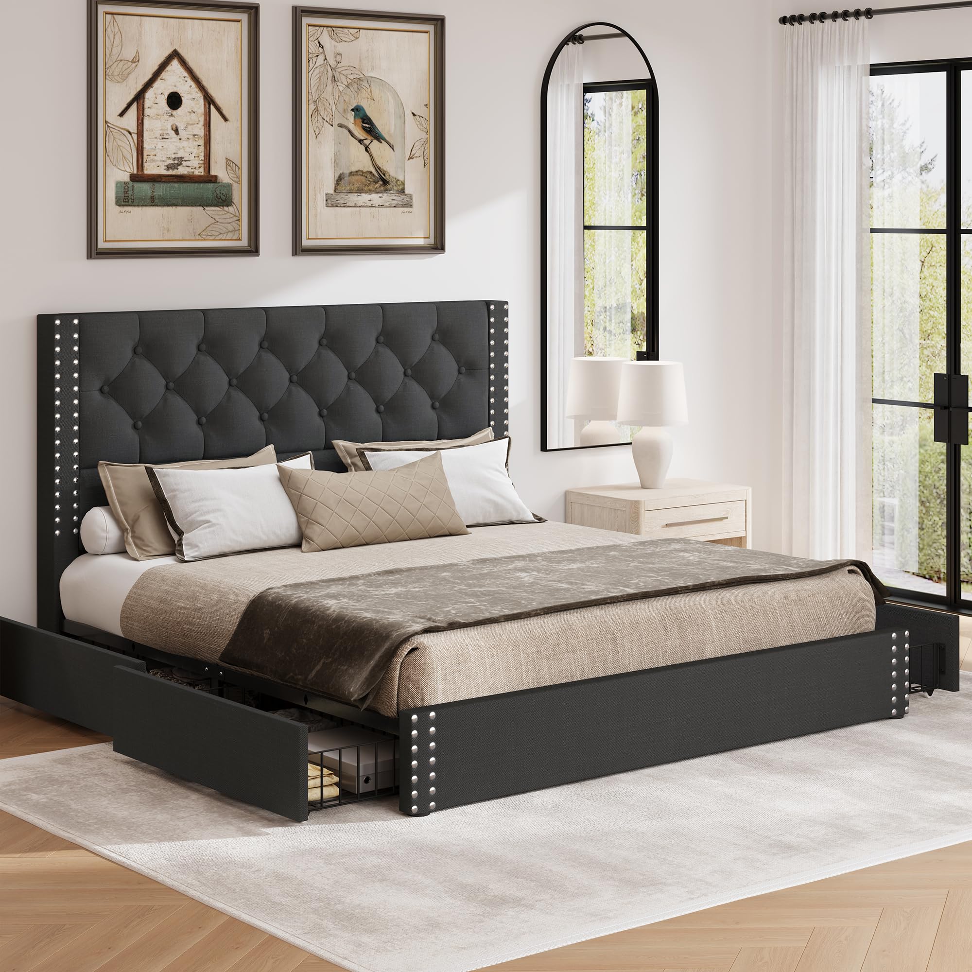 BRELTAM Queen Size Bed Frame with Storage Drawers and Headboard Linen Upholstered Platform Bed Tufted Bed Frame with Wood Slats Support, Noise-Free, Dark Grey