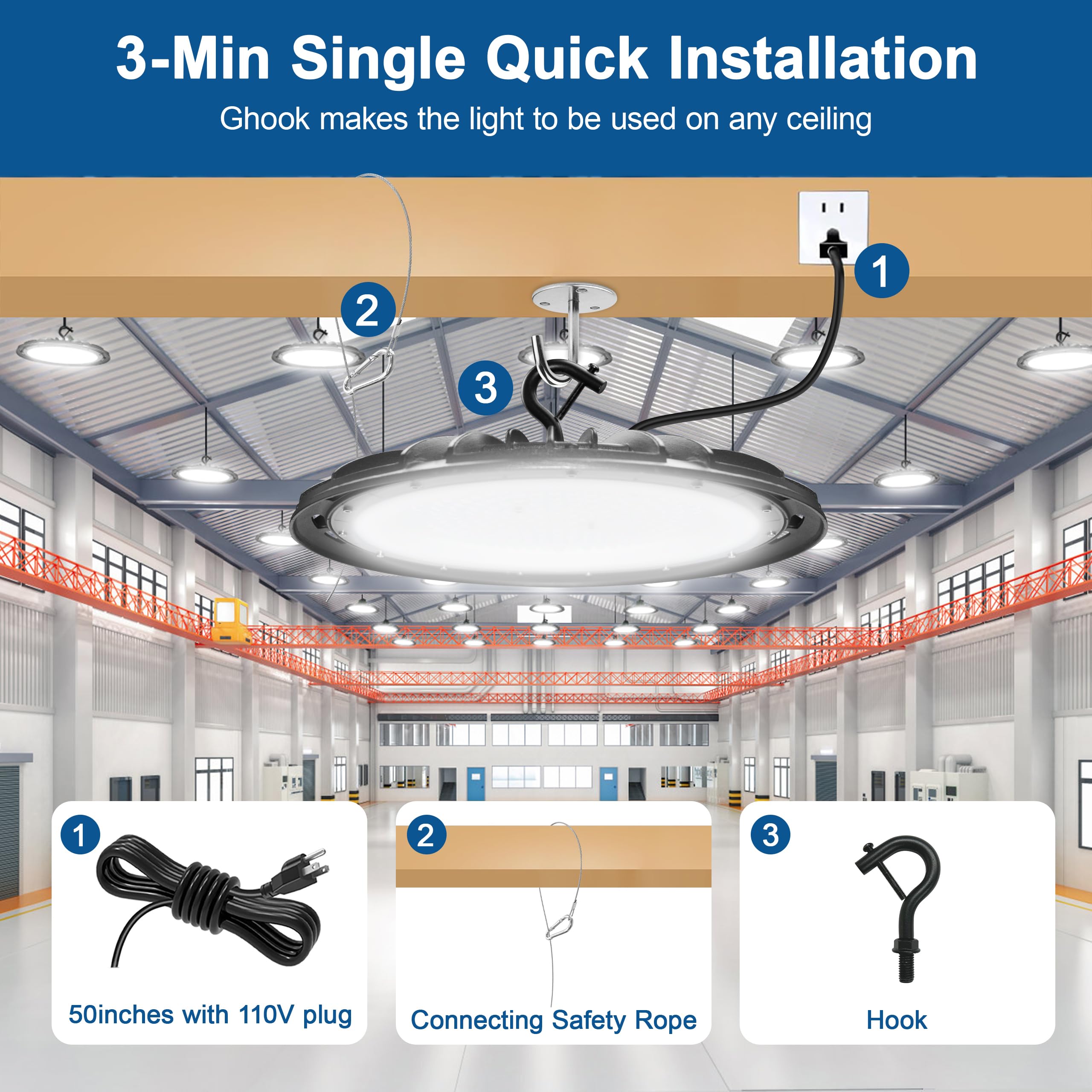 Eilpass Super Bright High Bay LED Shop Lights - 150W 5000K Daylight, 21000LM 120VAC with 5ft Cord & US Plug. Standard US Hook, IP65 Waterproof led high Bay UFO Lights