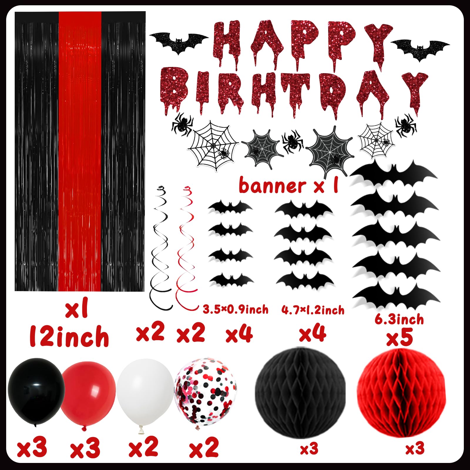 Halloween Birthday Party Decorations, Halloween Birthday Decorations includes Glitter Happy Birthday Banner Red Foil Curtains Backdrop and 3D Bat Sticker for Spooky Vampire Birthday Decorations