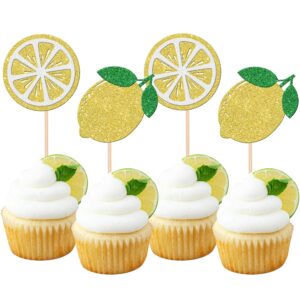 24 pcs lemon cupcake toppers glitter fruit theme lemonade party cupcake picks for lemon theme baby shower wedding engagement bridal shower birthday main squeeze party cake decorations supplies