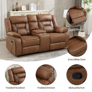 EBELLO Faux Leather Manual Loveseat Recliner, 2 Seat Reclining Sofa Chair with Center Console, Hidden Storage and Cup Holders, Daul Recliner for Living Room, Meeting Room, Brown (Loveseat)