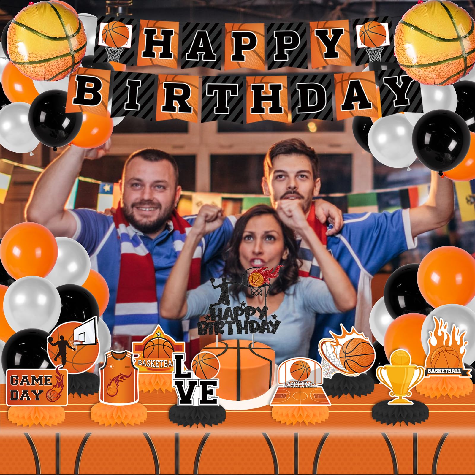 76pcs Basketball Birthday Party Decorations with Basketball Banner Honeycomb Centerpiece Basketball Balloons Cake Topper Tablecloths for Boys Basketball Theme Party Decorations