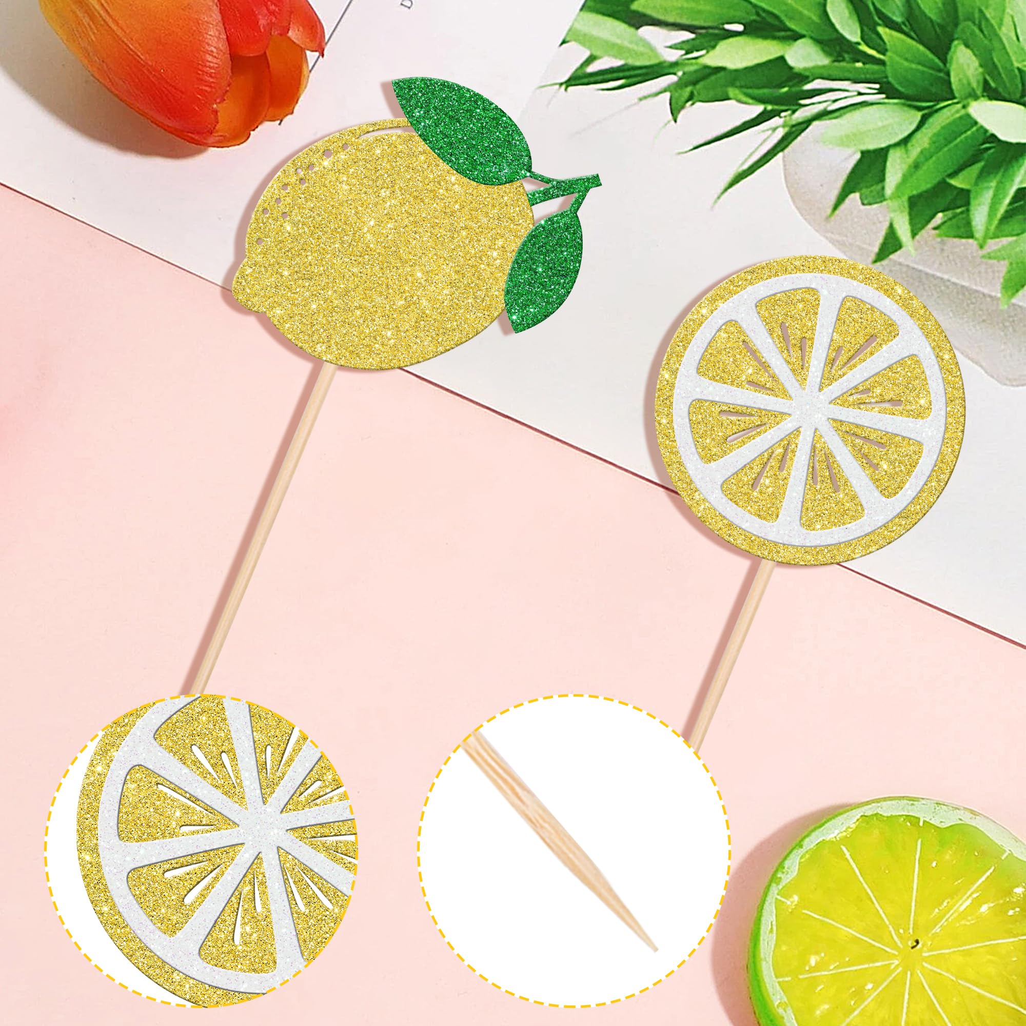 24 PCS Lemon Cupcake Toppers Glitter Fruit Theme Lemonade Party Cupcake Picks for Lemon Theme Baby Shower Wedding Engagement Bridal Shower Birthday Main Squeeze Party Cake Decorations Supplies