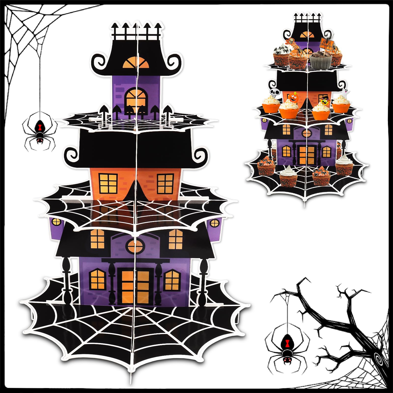 ABTOLS Halloween Cupcake Stand, 3-Tier Castle Cupcake Stand Tower, Black Purple Halloween Cardboard Dessert Holder, Durable Cupcake Tower for Halloween Decoration Birthday Party Supplies