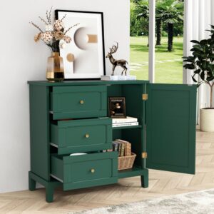 hlr accent cabinet with 3 drawers and door, wooden storage cabinet with shelves, sideboard for living room, entryway, green