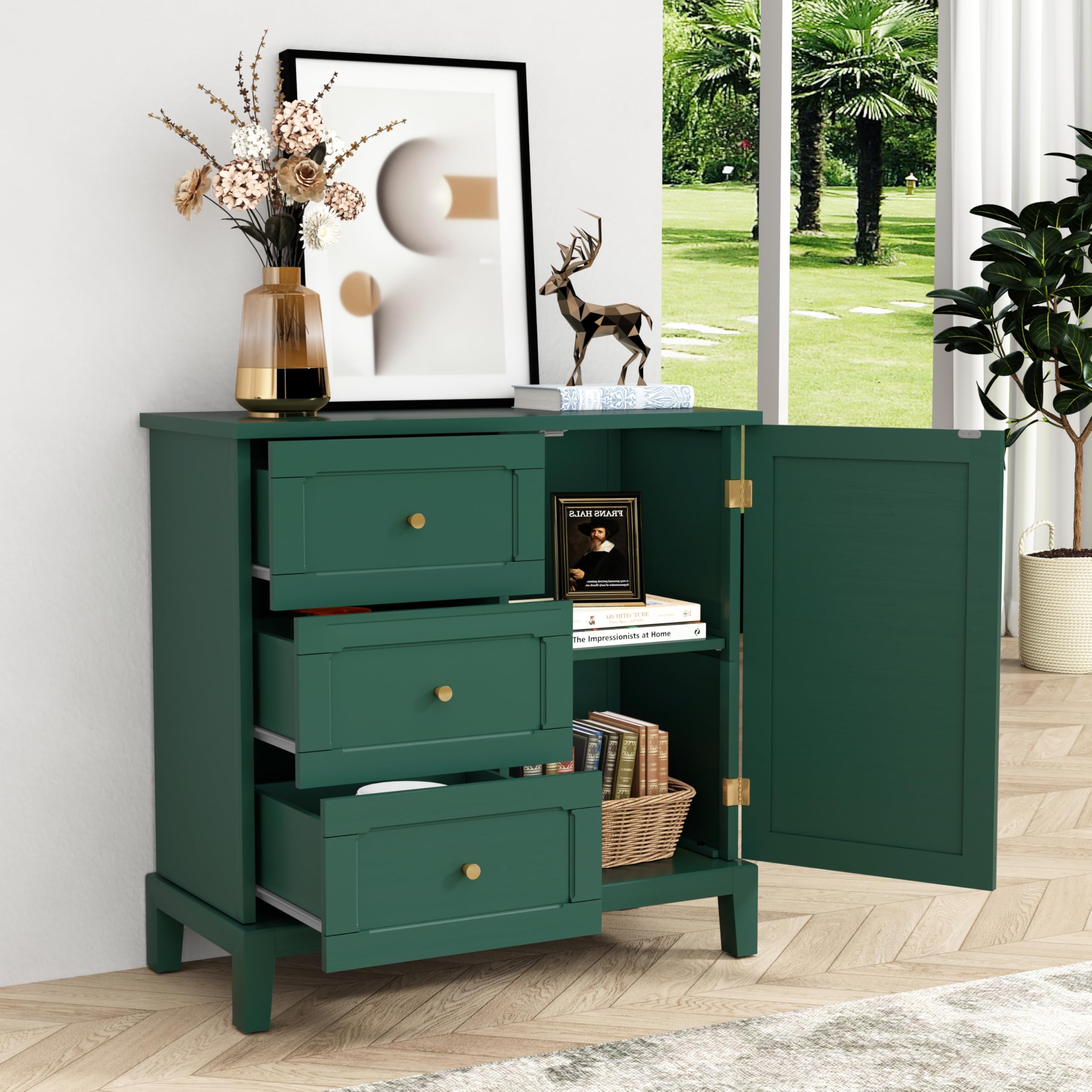 HLR Accent Cabinet with 3 Drawers and Door, Wooden Storage Cabinet with Shelves, Sideboard for Living Room, Entryway, Green