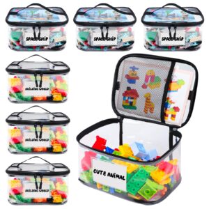 tesuko 6 pack clear toy storage bag with name tag& manual pocket, waterproof transparent pvc toy organizer case for lego bricks, board games, building blocks, puzzles (large capacity, black)