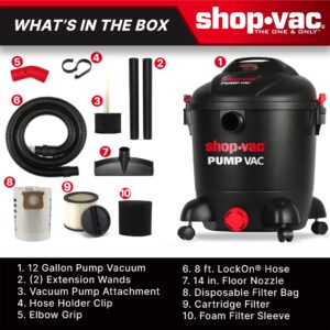 Shop-Vac 5871205 12 Gallon Wet Dry Pump Vacuum with Built-in Water Pump, 5.0 Peak HP, 2.5 Inch Diameter x 8 Ft Hose, 12 Ft Cord, Black