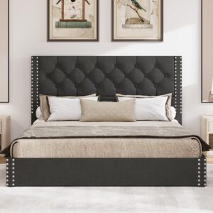 BRELTAM Queen Size Bed Frame with Storage Drawers and Headboard Linen Upholstered Platform Bed Tufted Bed Frame with Wood Slats Support, Noise-Free, Dark Grey