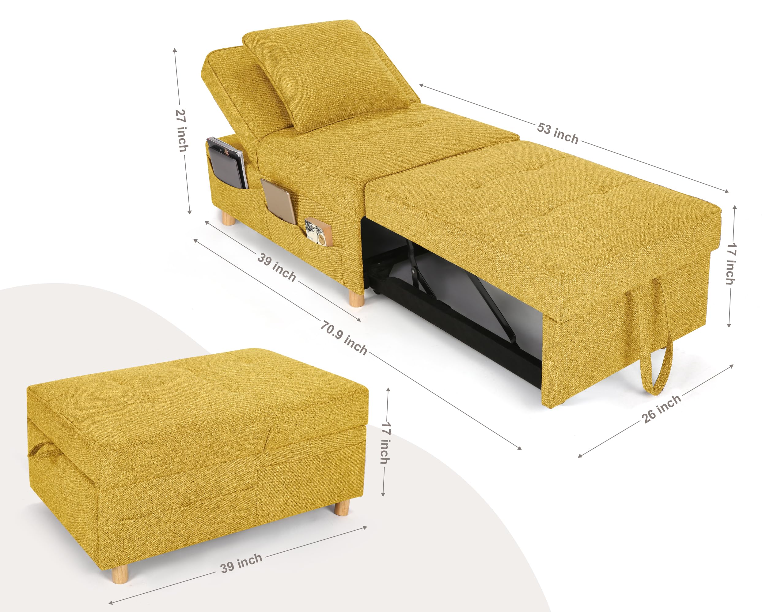 SEJOV Sleeper Sofa Chair Bed,4-in-1 Convertible Sofa Bed Chair with 6 Adjustable Backrest and Pillow, 3-Seat Pull Out Sleeper Chair Linen No Backrest for Bedroom Small Space Living Room, Yellow