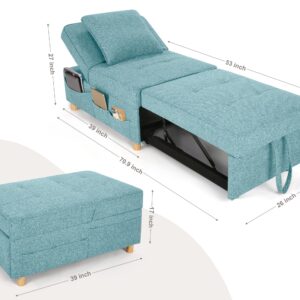 SEJOV Sleeper Sofa Chair Bed,4-in-1 Convertible Sofa Bed Chair with 6 Adjustable Backrest and Pillow, 3-Seat Pull Out Sleeper Chair Linen No Backrest for Bedroom Small Space Living Room, Sky Blue