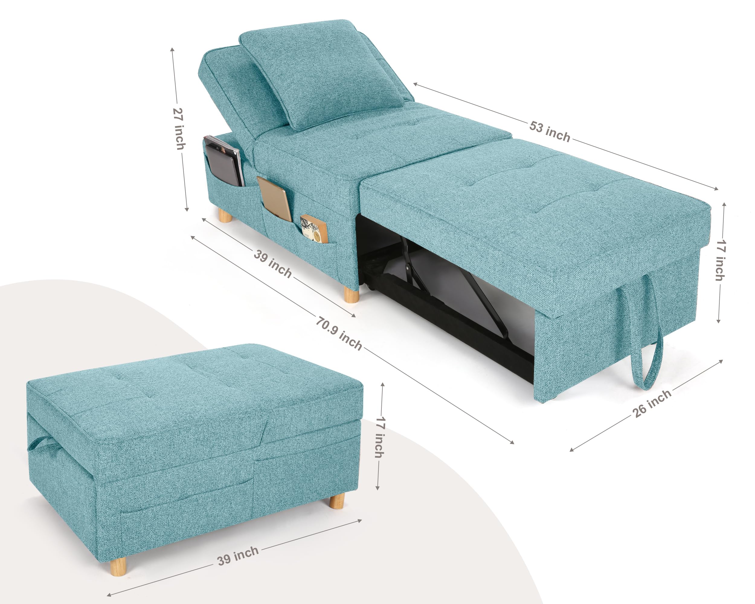 SEJOV Sleeper Sofa Chair Bed,4-in-1 Convertible Sofa Bed Chair with 6 Adjustable Backrest and Pillow, 3-Seat Pull Out Sleeper Chair Linen No Backrest for Bedroom Small Space Living Room, Sky Blue