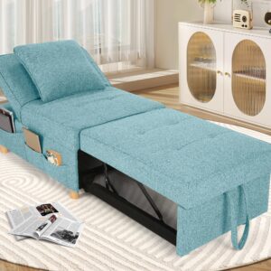 SEJOV Sleeper Sofa Chair Bed,4-in-1 Convertible Sofa Bed Chair with 6 Adjustable Backrest and Pillow, 3-Seat Pull Out Sleeper Chair Linen No Backrest for Bedroom Small Space Living Room, Sky Blue