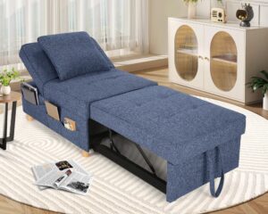 sejov sleeper sofa chair bed,4-in-1 convertible sofa bed chair with 6 adjustable backrest and pillow, 3-seat pull out sleeper chair linen no backrest for bedroom small space living room, navy blue