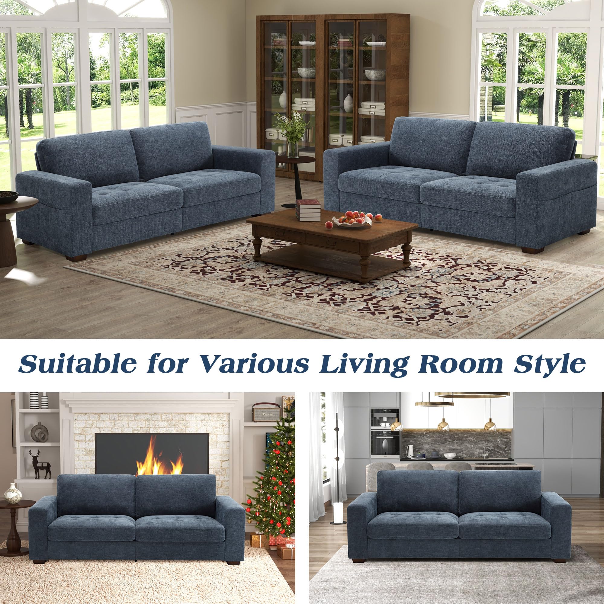 WorthFurni 89 Inch Sofa Couch, Modern 3 Seater Couch with Removable Covers and USB Ports, Large Chenille Comfy Sofa for Living Room, Oversized Loveseat Sofa for Apartment(Blue)