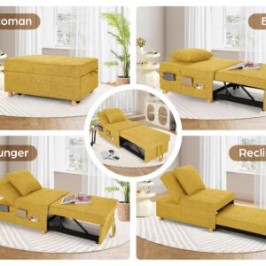 SEJOV Sleeper Sofa Chair Bed,4-in-1 Convertible Sofa Bed Chair with 6 Adjustable Backrest and Pillow, 3-Seat Pull Out Sleeper Chair Linen No Backrest for Bedroom Small Space Living Room, Yellow