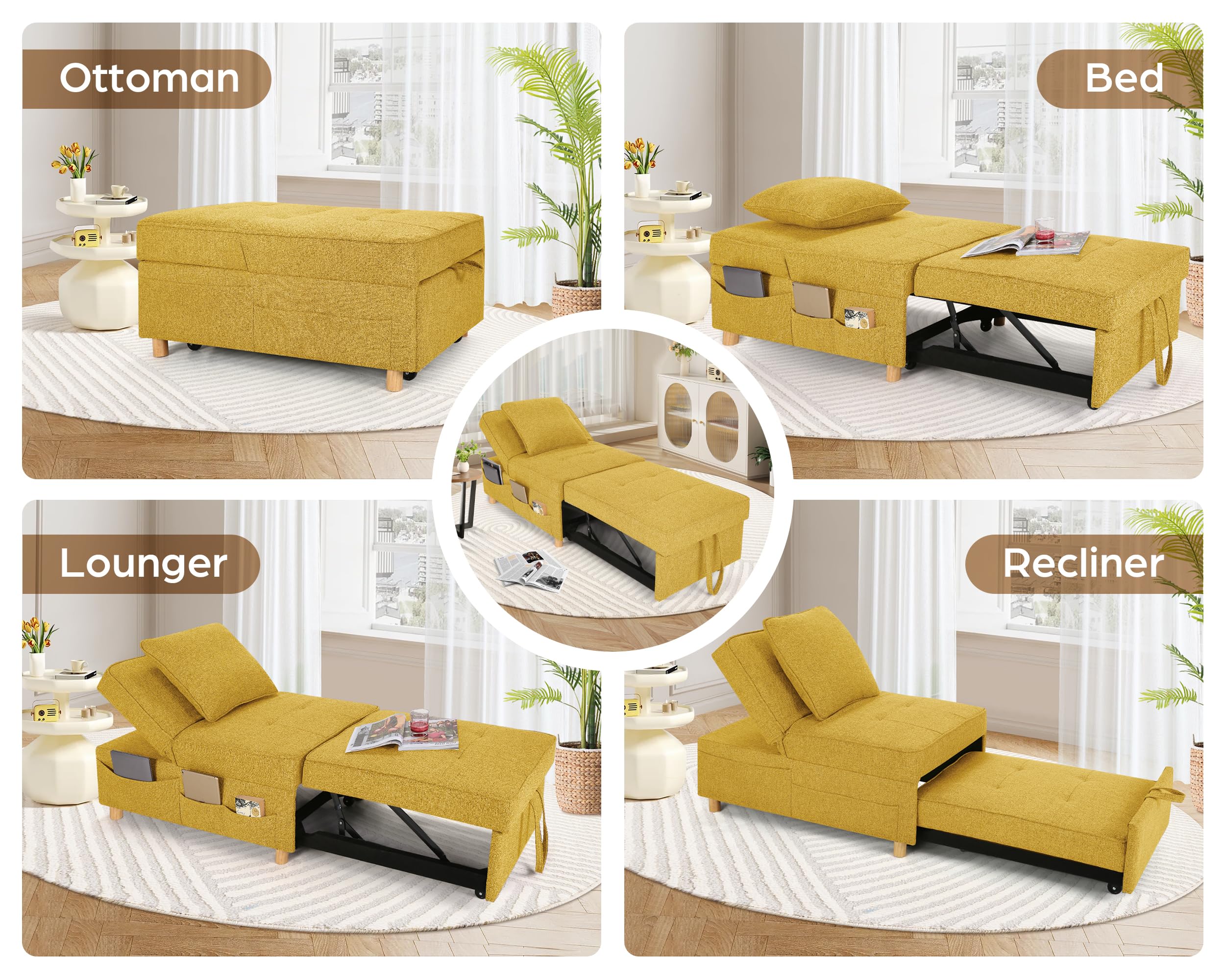 SEJOV Sleeper Sofa Chair Bed,4-in-1 Convertible Sofa Bed Chair with 6 Adjustable Backrest and Pillow, 3-Seat Pull Out Sleeper Chair Linen No Backrest for Bedroom Small Space Living Room, Yellow