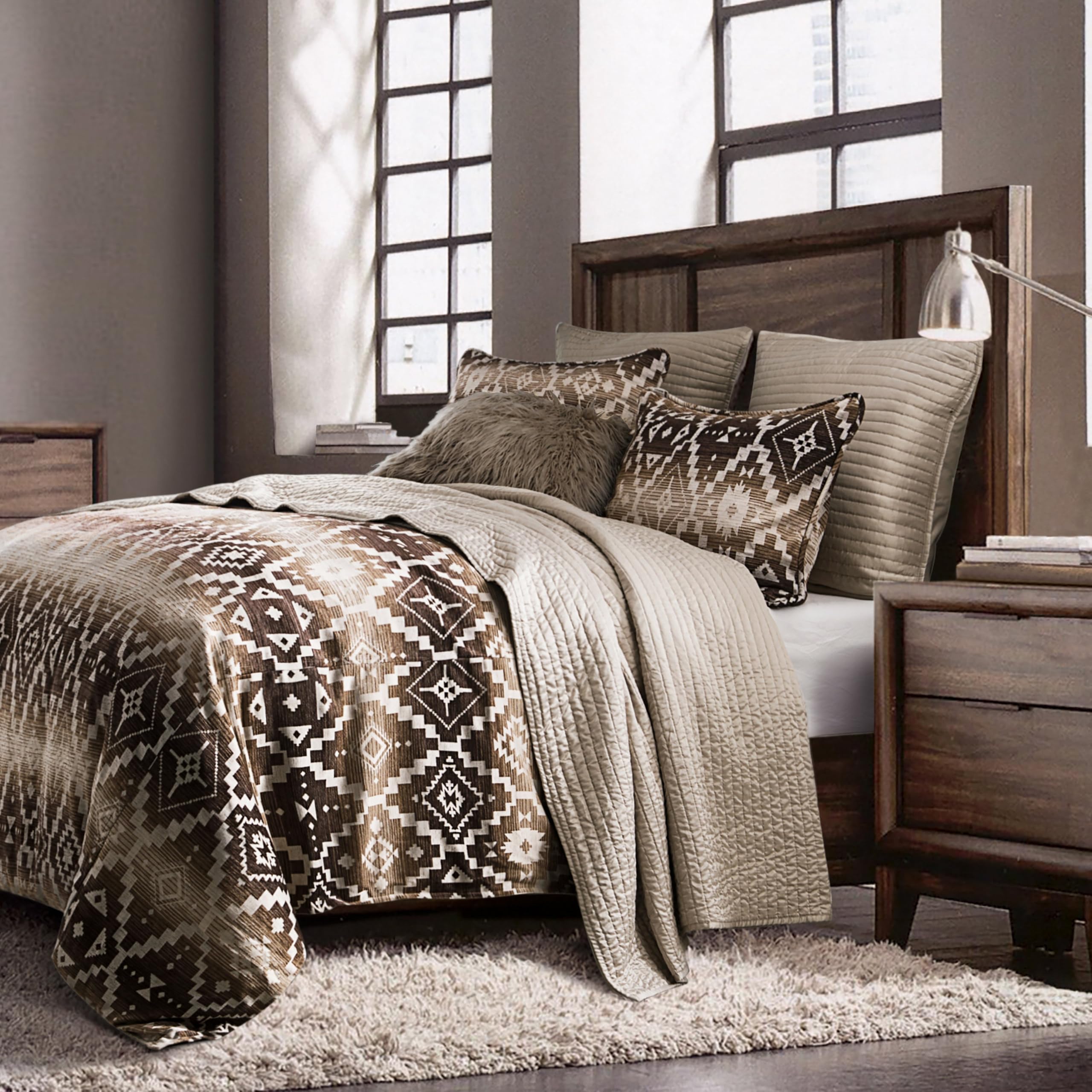 Paseo Road by HiEnd Accents Chalet Western Bedding 3 Piece King Size Duvet Cover Set, Cream Brown Aztec Pattern Southwestern Comforter Cover with 2 Pillow Shams