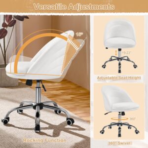 Yaheetech Velvet Cute Desk Chair Armless Office Chair Swivel Vanity Chair with Wheels Adjustable Comfy Desk Chair Soft Rocking Chair for Home Office, Living Room White