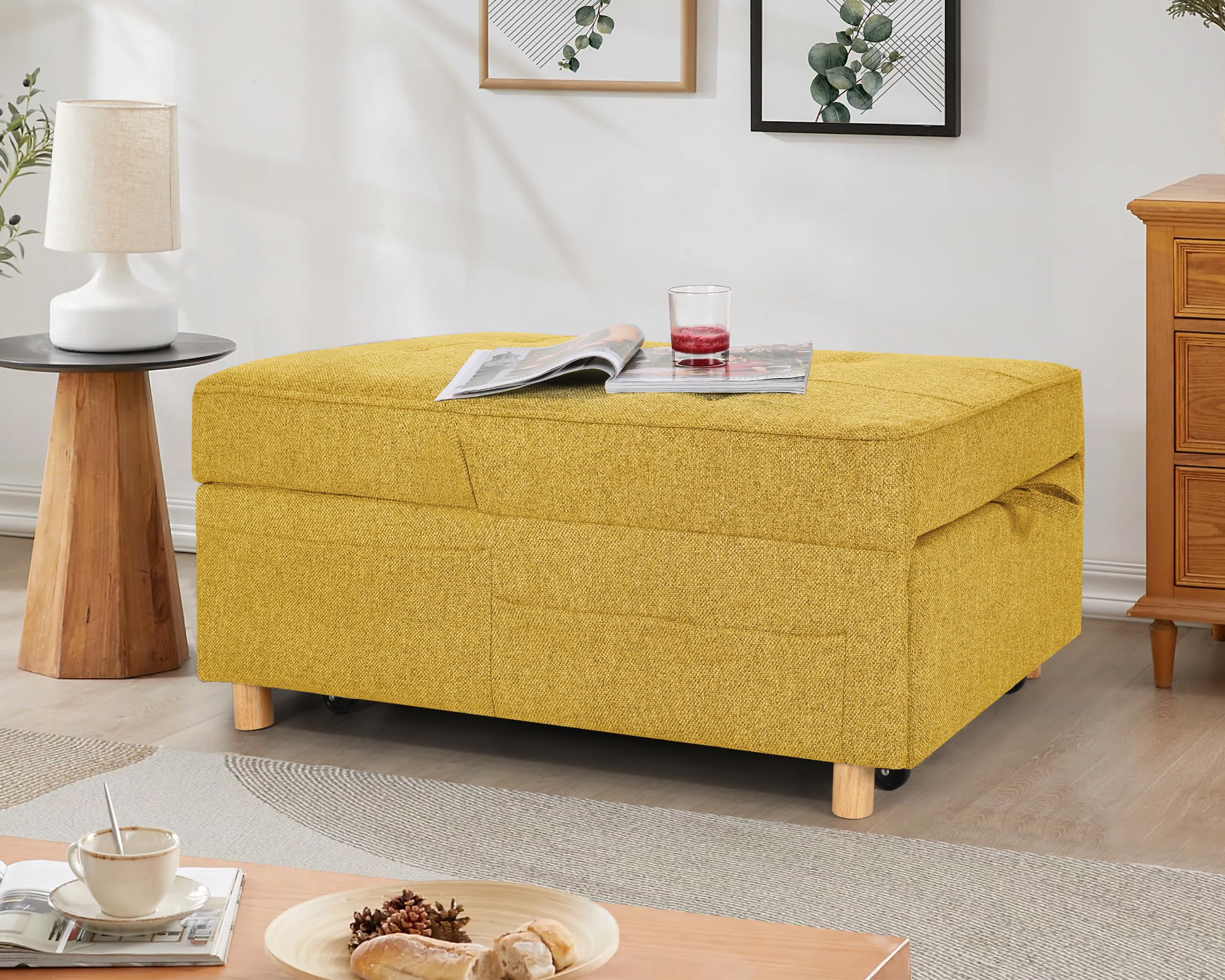 SEJOV Sleeper Sofa Chair Bed,4-in-1 Convertible Sofa Bed Chair with 6 Adjustable Backrest and Pillow, 3-Seat Pull Out Sleeper Chair Linen No Backrest for Bedroom Small Space Living Room, Yellow