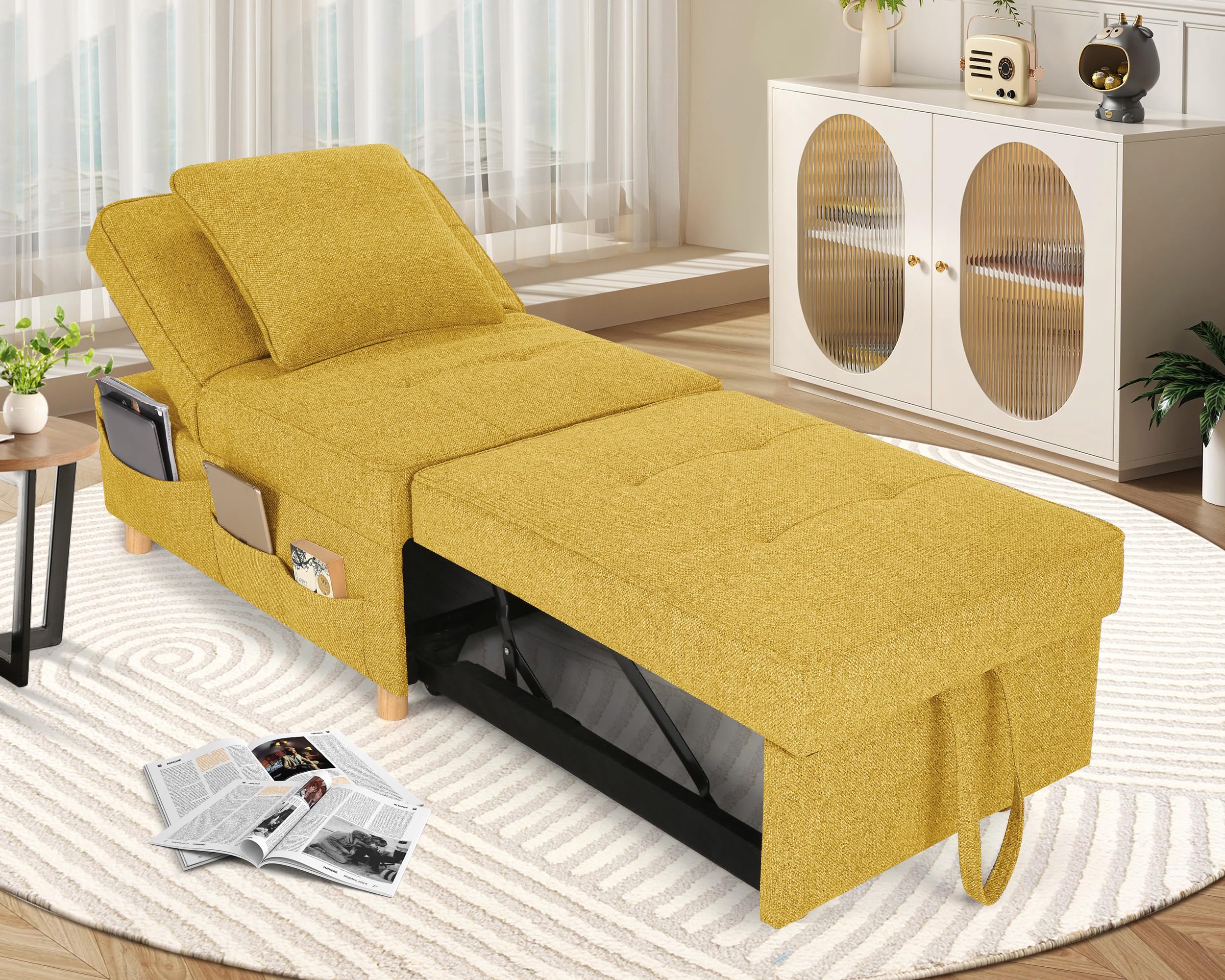 SEJOV Sleeper Sofa Chair Bed,4-in-1 Convertible Sofa Bed Chair with 6 Adjustable Backrest and Pillow, 3-Seat Pull Out Sleeper Chair Linen No Backrest for Bedroom Small Space Living Room, Yellow