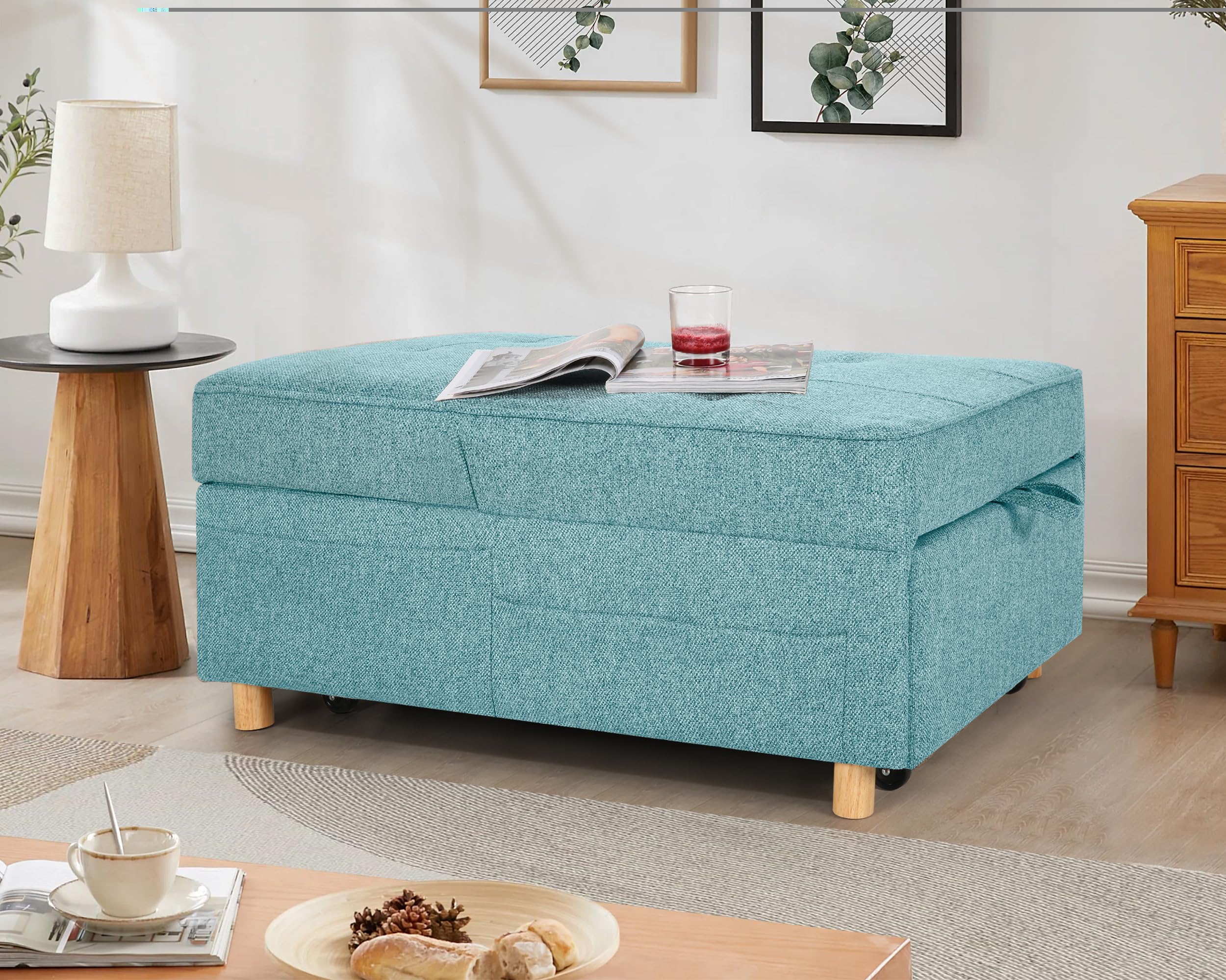 SEJOV Sleeper Sofa Chair Bed,4-in-1 Convertible Sofa Bed Chair with 6 Adjustable Backrest and Pillow, 3-Seat Pull Out Sleeper Chair Linen No Backrest for Bedroom Small Space Living Room, Sky Blue