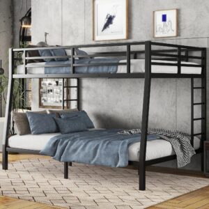 full xl over queen bunk beds with ladder and full length guardrail, heavy duty bunk beds/full xl over queen bunk bed for adults, teens, full xl over queen bunk bed black