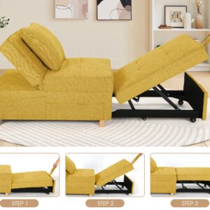 SEJOV Sleeper Sofa Chair Bed,4-in-1 Convertible Sofa Bed Chair with 6 Adjustable Backrest and Pillow, 3-Seat Pull Out Sleeper Chair Linen No Backrest for Bedroom Small Space Living Room, Yellow