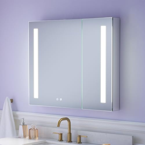 WELLFOR 36" X 30" LED Medicine Cabinet with Mirror, Double Opening Door, Recessed or Surface Cabinet Mirror, Bathroom Mirror Cabinet, Medicine Cabinet with Lights with Outlets & USB Ports