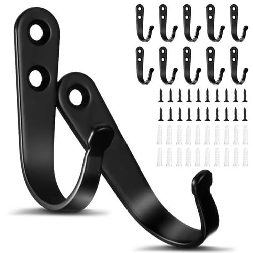 Qianyu 10 Pcs Black Wall Mounted Coat Hooks No Rust Metal Heavy Duty Single Prong Hanger Hook with 20 Pieces Screws for Hanging Hat Towel Key Robe Coats Scarf Bag Cap Coffee Cup Mugs