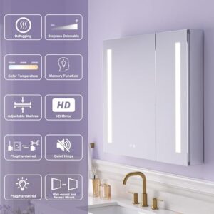 WELLFOR 36" X 30" LED Medicine Cabinet with Mirror, Double Opening Door, Recessed or Surface Cabinet Mirror, Bathroom Mirror Cabinet, Medicine Cabinet with Lights with Outlets & USB Ports