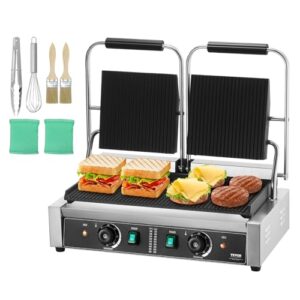 vevor commercial panini grill, 3600w electric sandwich panini maker, stainless steel double sandwich press, panini grill temp control & 19"x9" full grooved enamel plate, for hamburger steak bacon