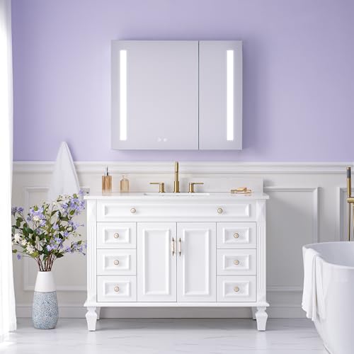 WELLFOR 36" X 30" LED Medicine Cabinet with Mirror, Double Opening Door, Recessed or Surface Cabinet Mirror, Bathroom Mirror Cabinet, Medicine Cabinet with Lights with Outlets & USB Ports