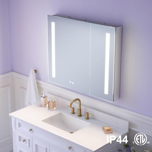 WELLFOR 36" X 30" LED Medicine Cabinet with Mirror, Double Opening Door, Recessed or Surface Cabinet Mirror, Bathroom Mirror Cabinet, Medicine Cabinet with Lights with Outlets & USB Ports