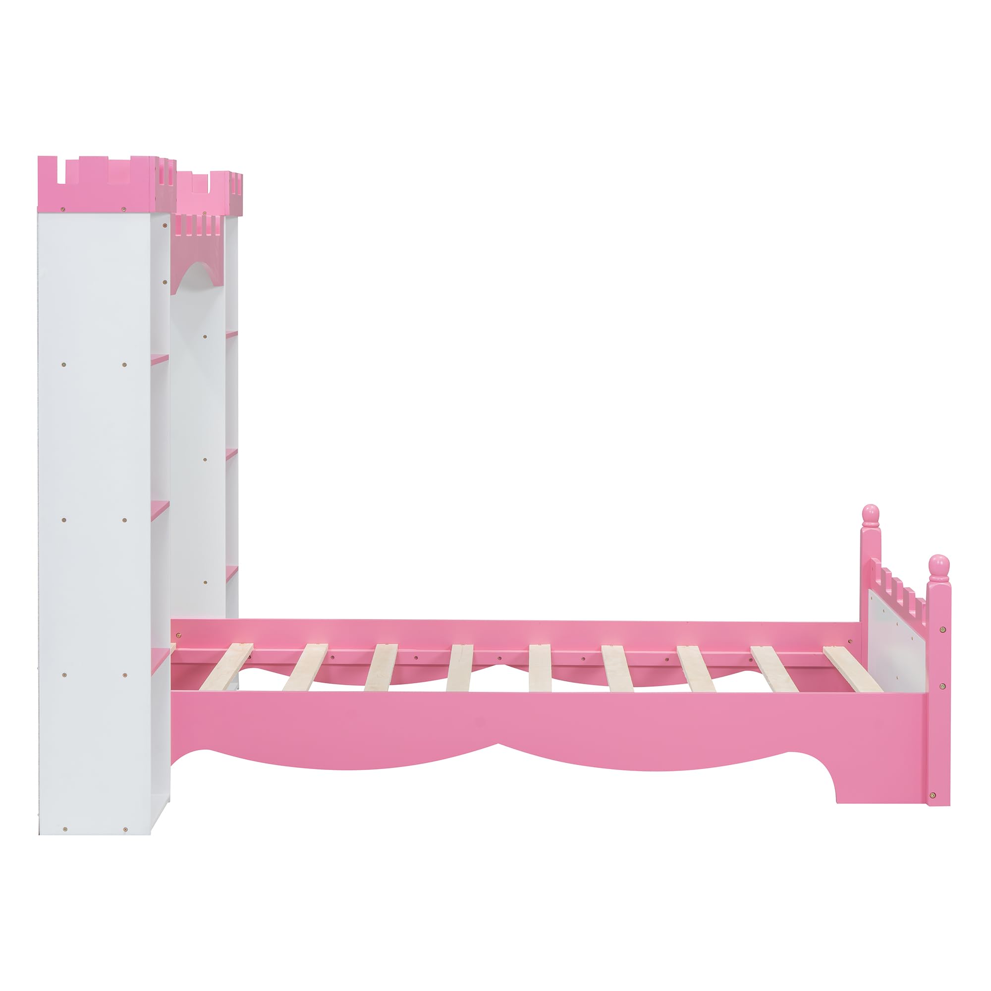 VilroCaz Castle-Shaped Wooden Platform Bed with Storage Shelf, Dreamy Twin Size Kids Platform Bed for Girls Boys Bedroom, Sturdy Slats Support (White+Pink Castle)