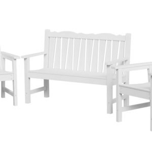 LAHAAP Outdoor Bench Set, Weatherproof Patio Furniture 3 Pieces Conversation Sets, Include Outdoor Bench + 2 Patio Chairs, for Garden Porch Lawn & Backyard (White)