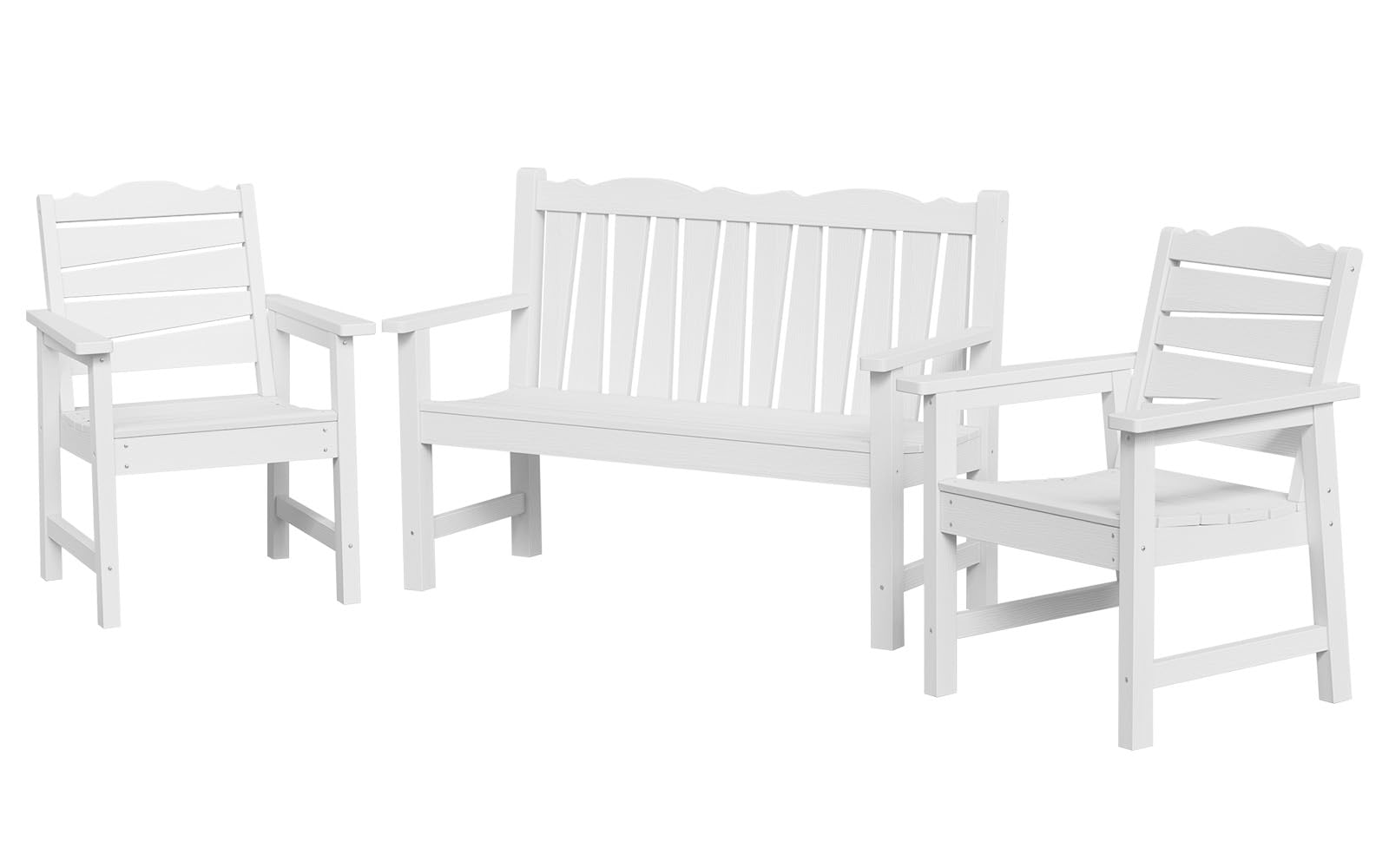 LAHAAP Outdoor Bench Set, Weatherproof Patio Furniture 3 Pieces Conversation Sets, Include Outdoor Bench + 2 Patio Chairs, for Garden Porch Lawn & Backyard (White)