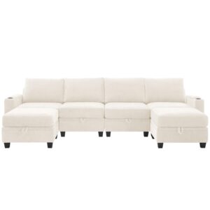 Bumblr 117.4" Convertible Sectional Couch with Storage Seat, 6 Seat Modern U Shaped Sectional Sofa with Double Reversible Chaise, Comfy Chenille Armrest Storage and Cup Holder for Living Room, Beige