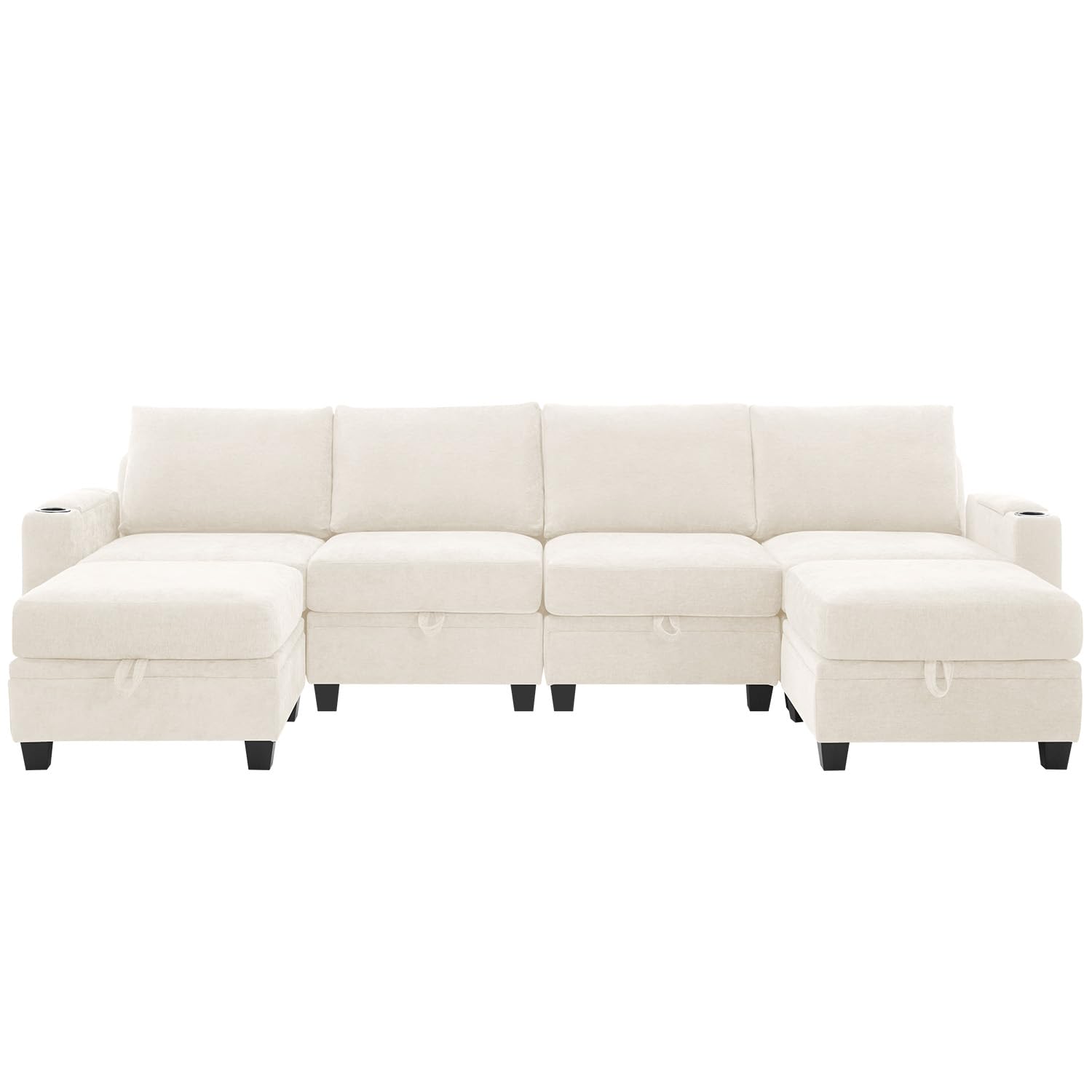 Bumblr 117.4" Convertible Sectional Couch with Storage Seat, 6 Seat Modern U Shaped Sectional Sofa with Double Reversible Chaise, Comfy Chenille Armrest Storage and Cup Holder for Living Room, Beige