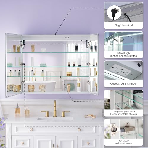 WELLFOR 36" X 30" LED Medicine Cabinet with Mirror, Double Opening Door, Recessed or Surface Cabinet Mirror, Bathroom Mirror Cabinet, Medicine Cabinet with Lights with Outlets & USB Ports